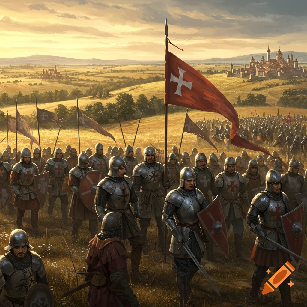 A large medieval army of knights in shining armor stands in a golden ...