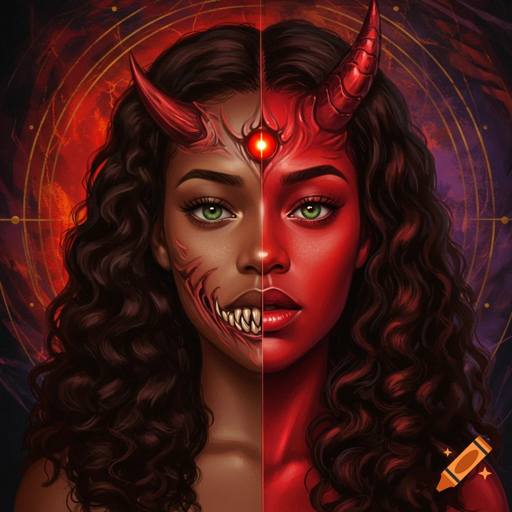 A portrait of a woman with a split face, one side human with dark skin ...