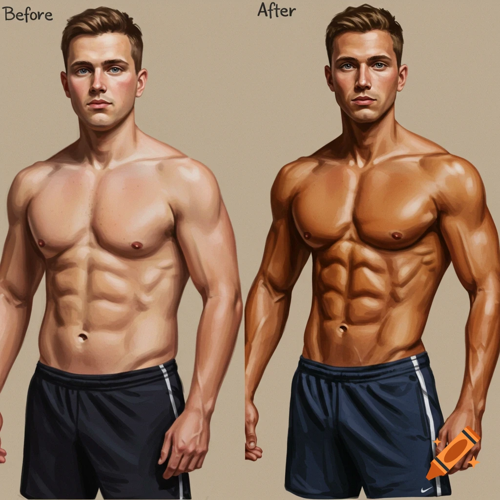 Illustration of a shirtless man's fitness transformation, showing ...