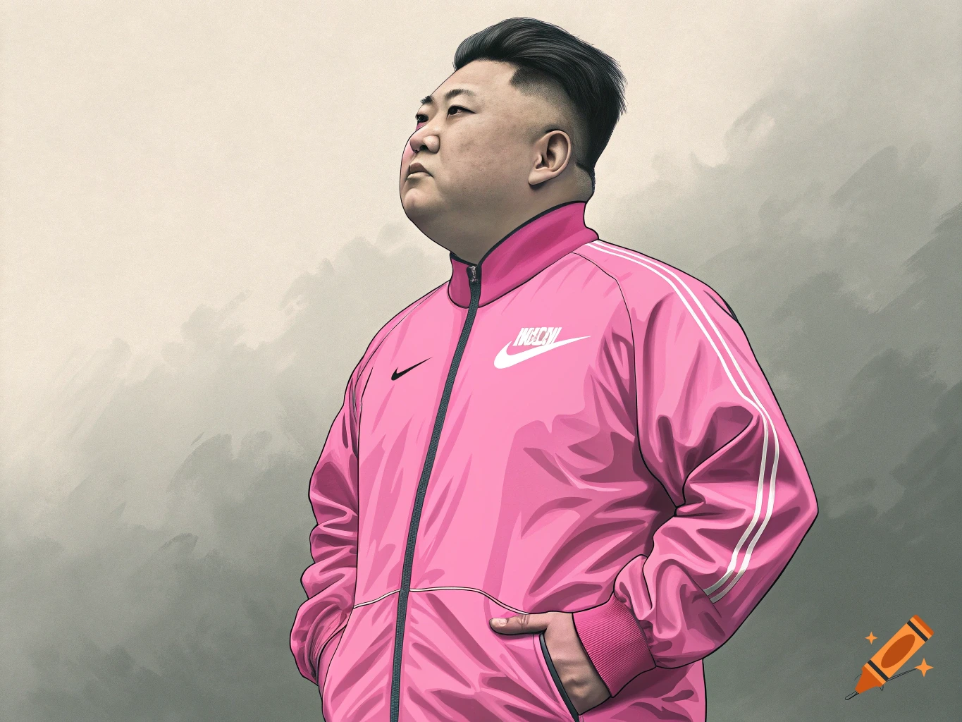 Illustration of Kim Jong Un in a pink tracksuit, looking up and to the ...