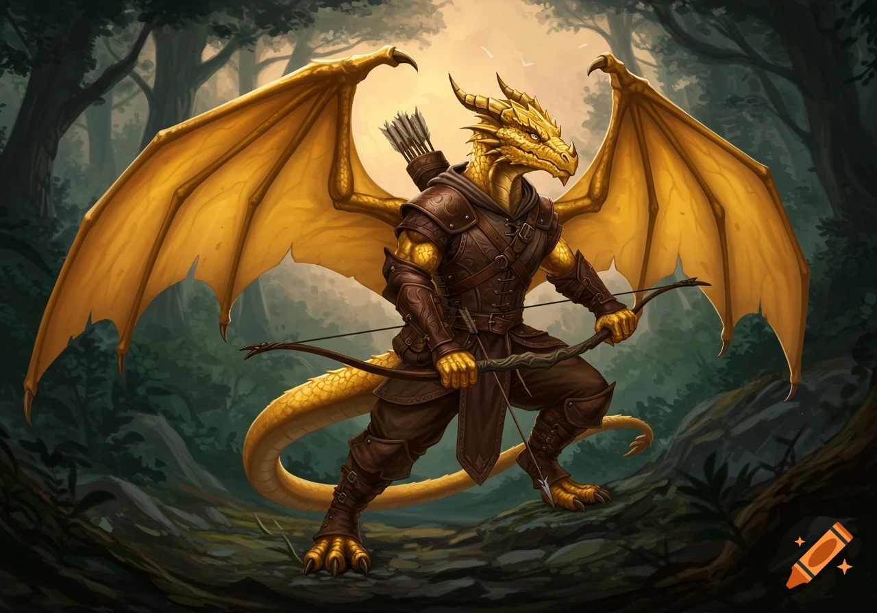 A gold dragonborn ranger in leather armor holds a bow with arrows in a ...