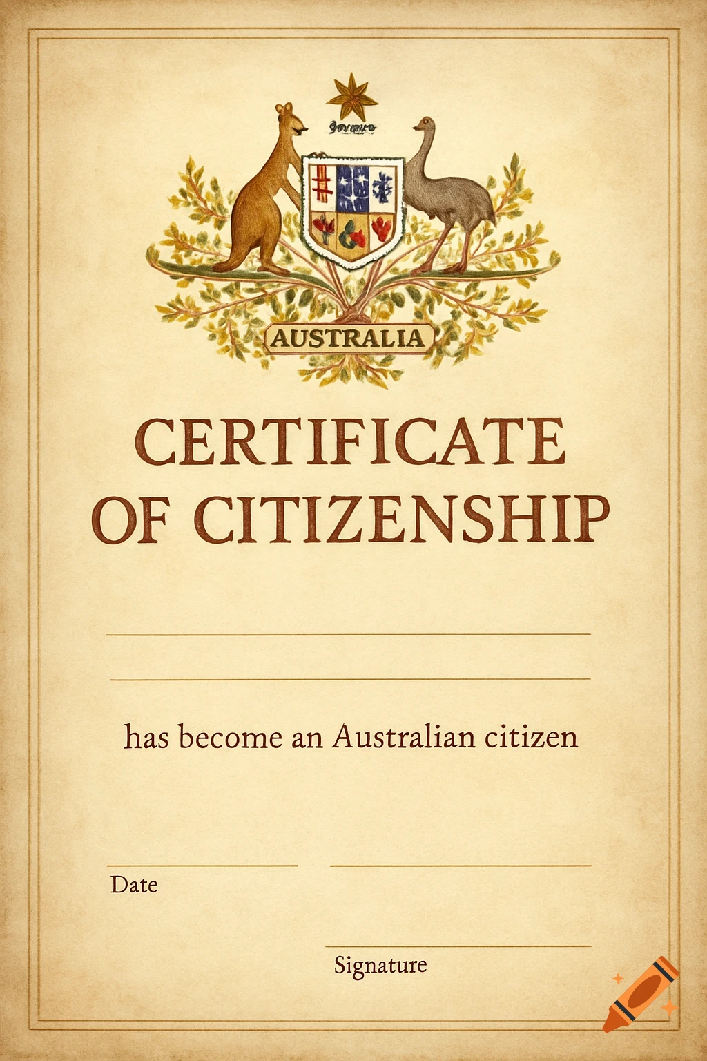 A vintage-style Australian Certificate of Citizenship on aged paper ...