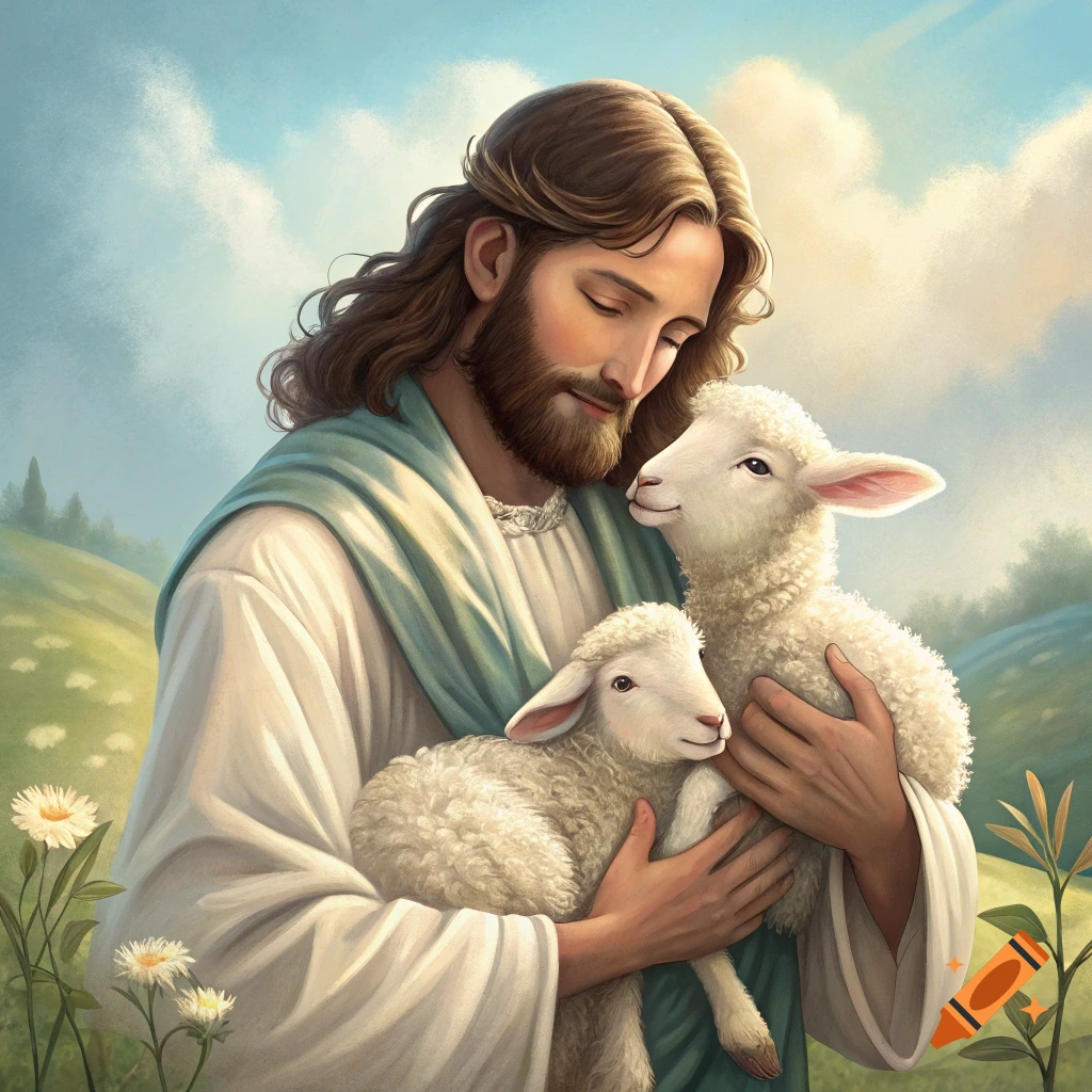 Jesus with long hair and a beard, wearing white robes and a blue sash ...