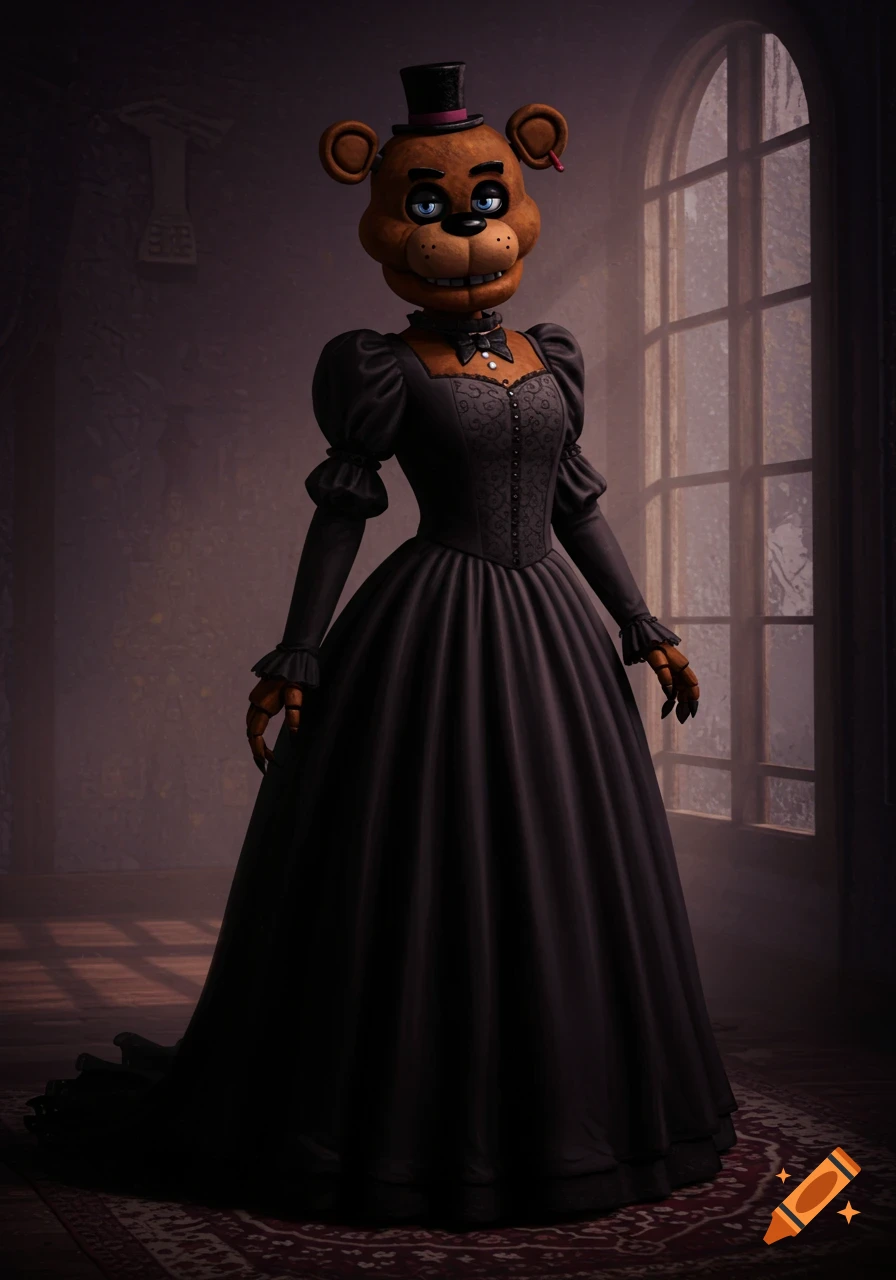 Freddy Fazbear, a brown bear animatronic, in an elegant black Victorian ...