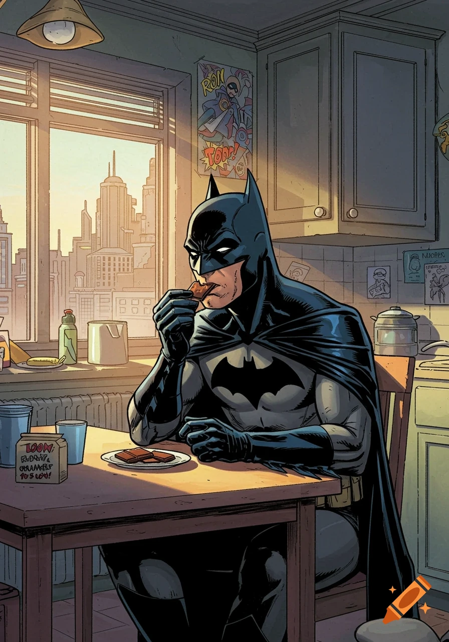 Batman sits at a kitchen table eating, with a city visible outside a ...