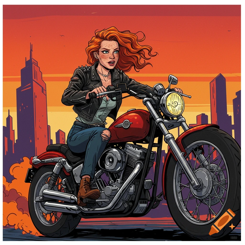 A red-headed woman in a leather jacket riding a red motorcycle against ...