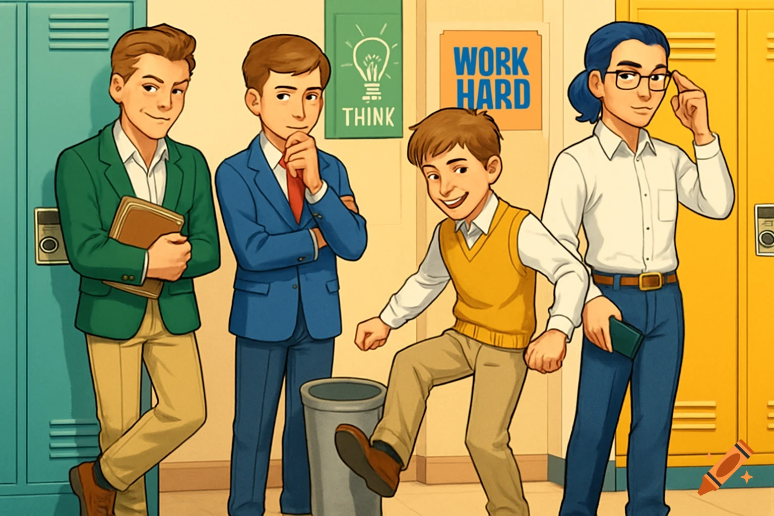 A vibrant illustration of four preppy high school boys in a brightly ...