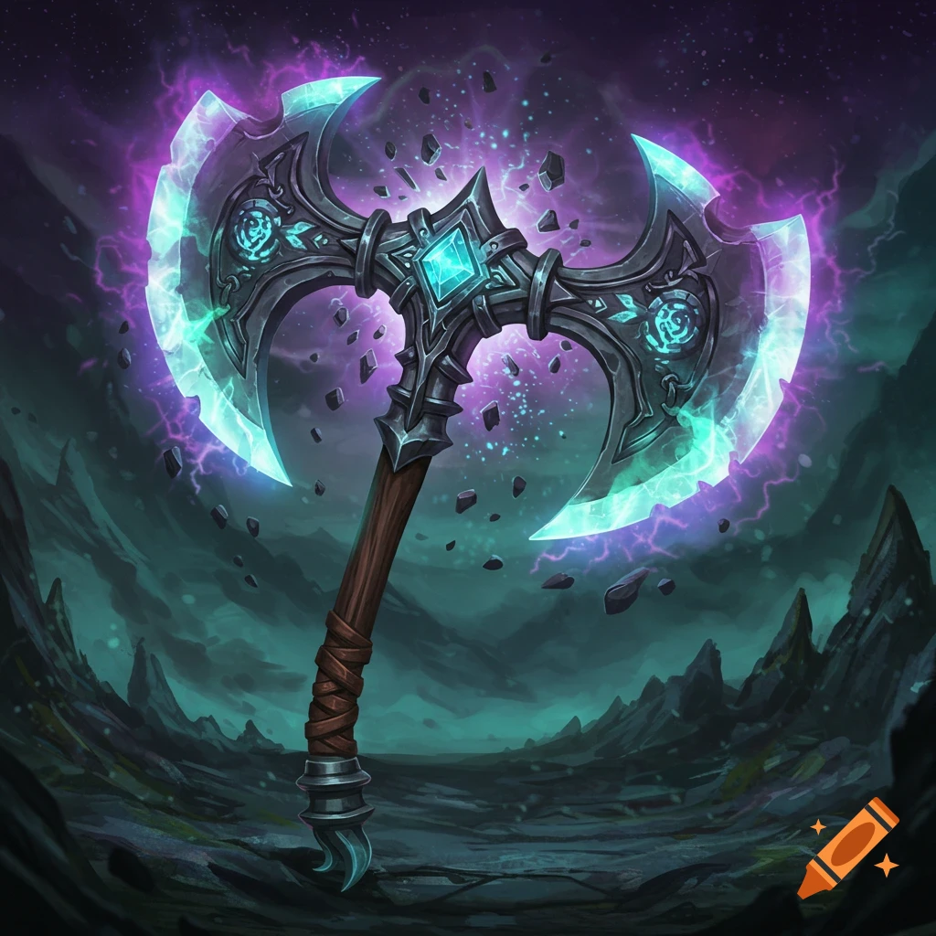 A magical double-bladed axe with glowing turquoise and purple energy ...