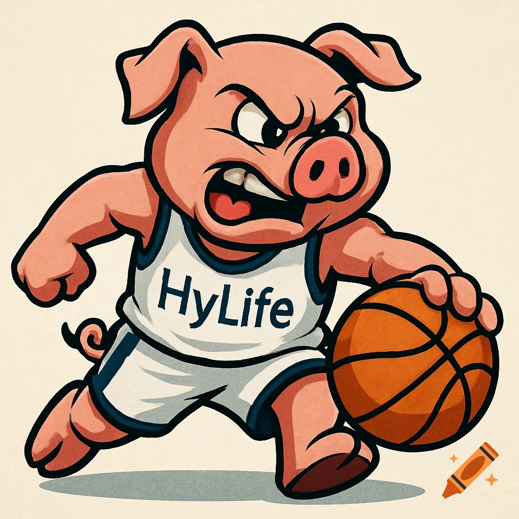 A cartoon pig with an angry expression dribbling a basketball while ...