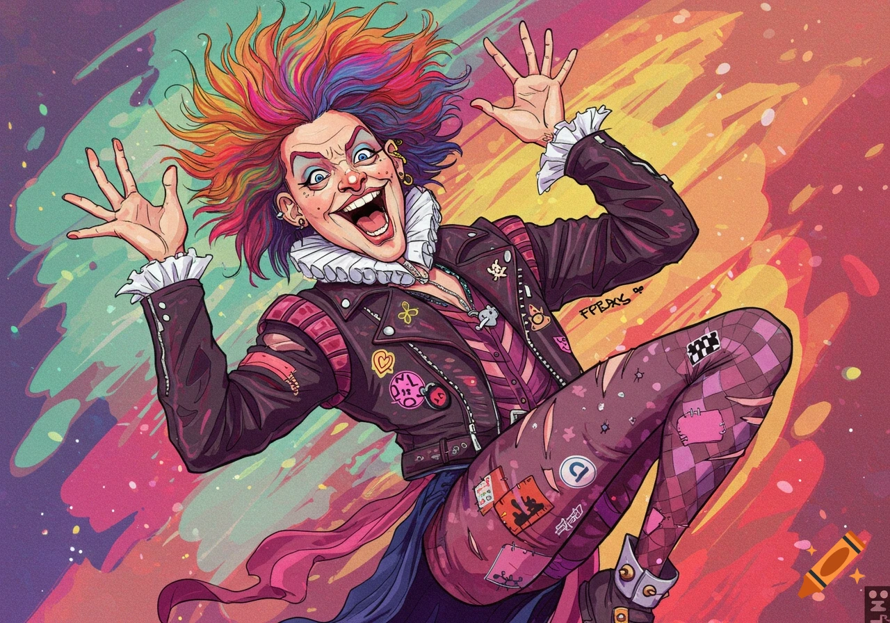 A colorful, expressive illustration of a person with spiky rainbow hair ...