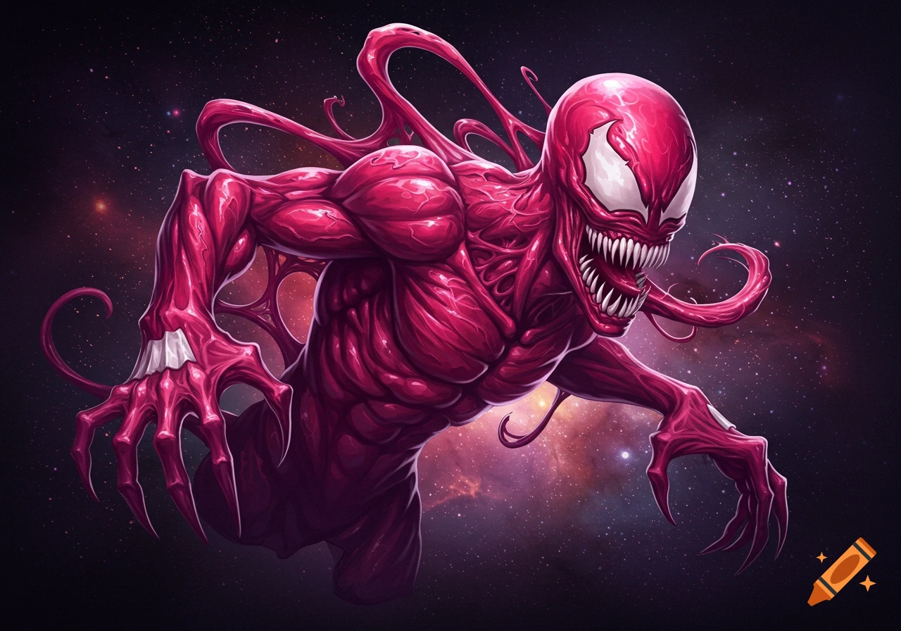 A muscular red symbiote creature with sharp teeth and a long tongue ...