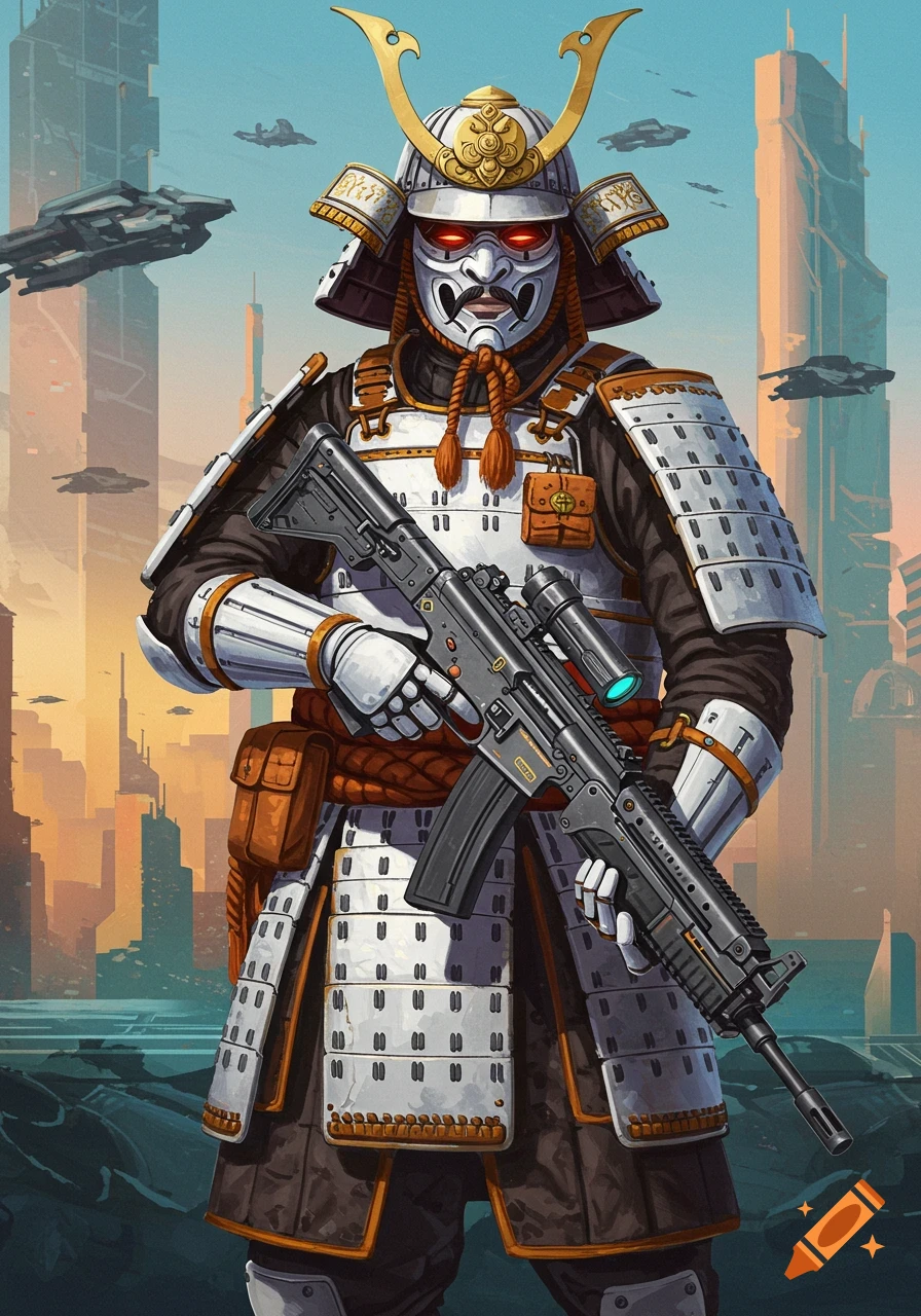 A sci-fi samurai warrior in white and gold power armor holds an assault ...