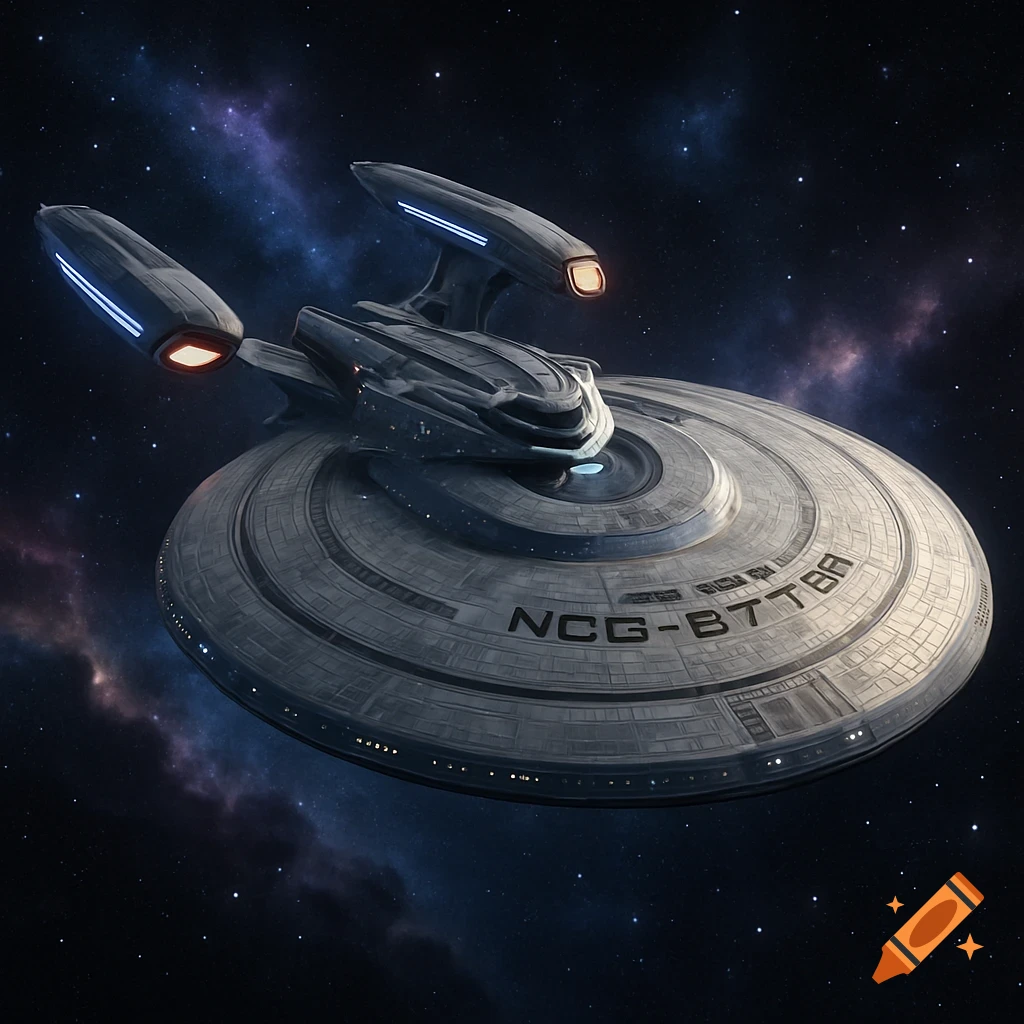 A futuristic 25th-century starship with a saucer section and two ...
