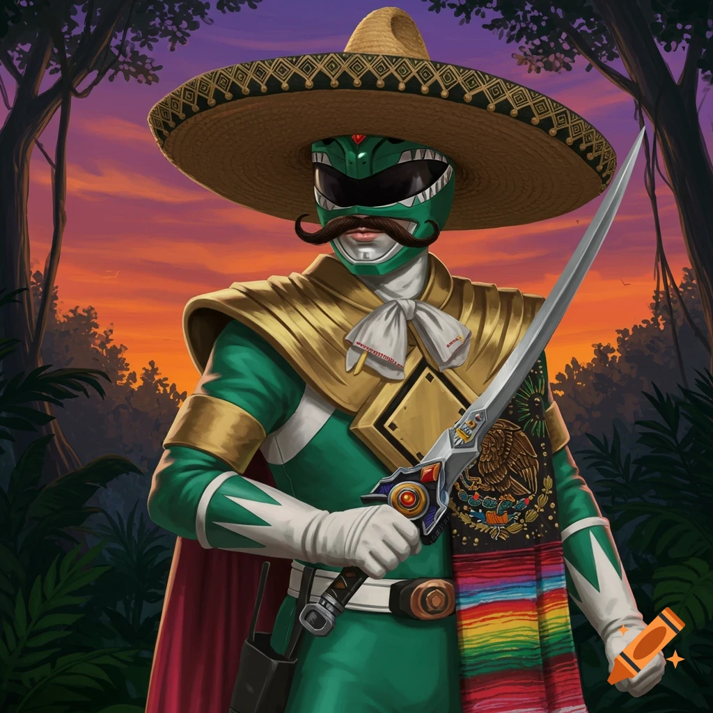 An illustrated Green Power Ranger wears a sombrero, mustache, and colorful Mexican poncho ...