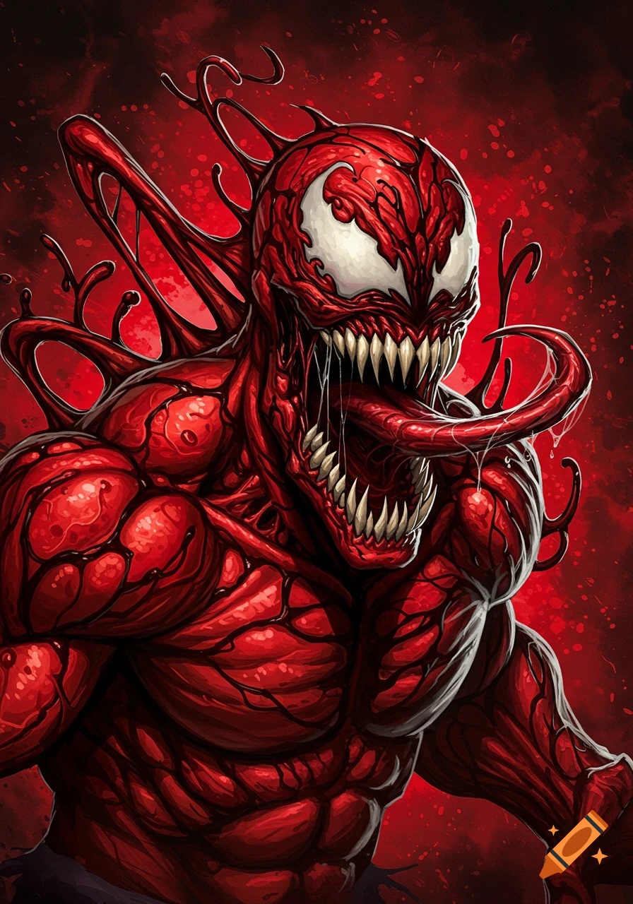 A vibrant, detailed illustration of a monstrous red symbiote creature ...