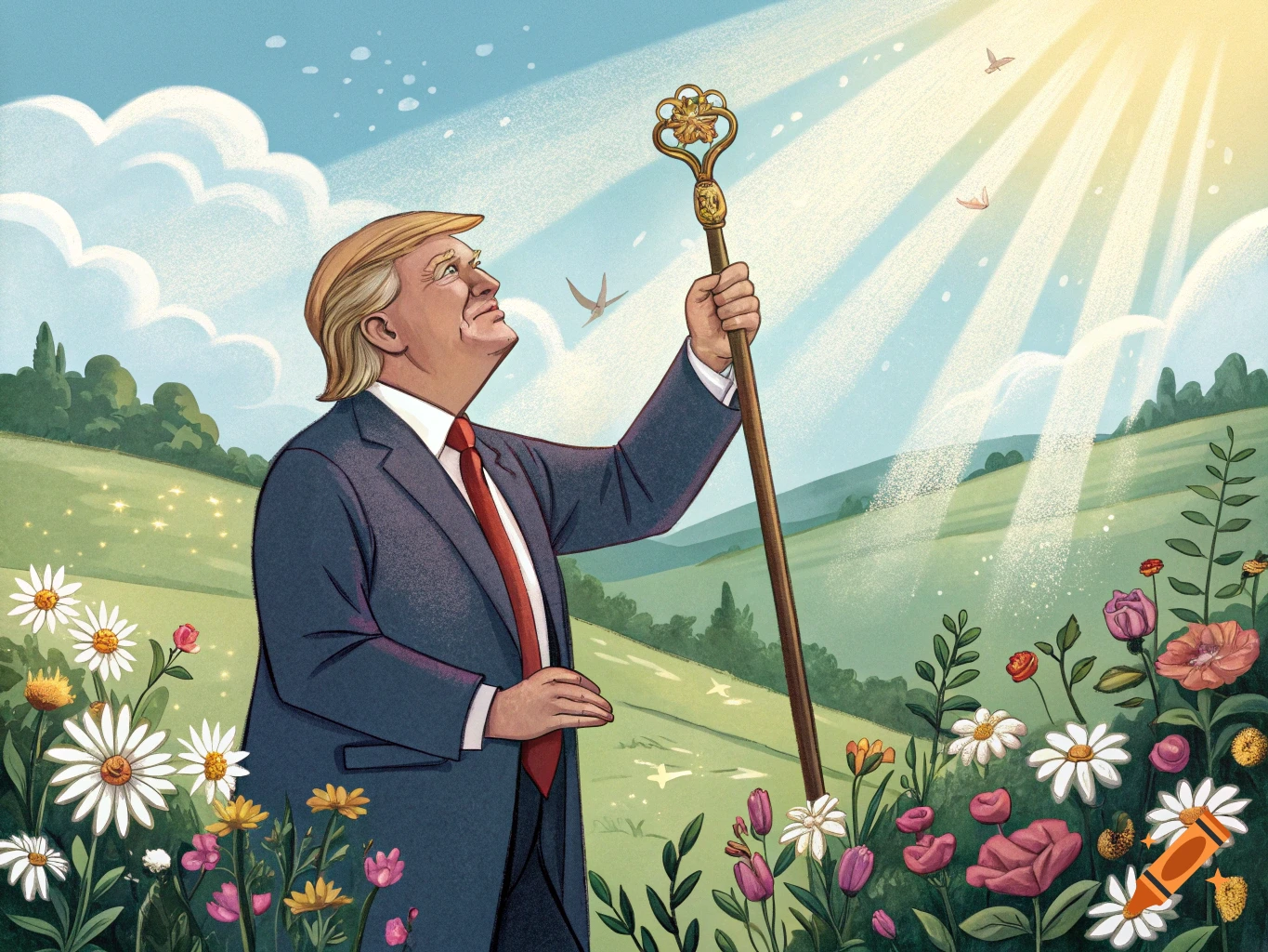 Cartoon illustration of Donald Trump looking up at sun rays in a field ...