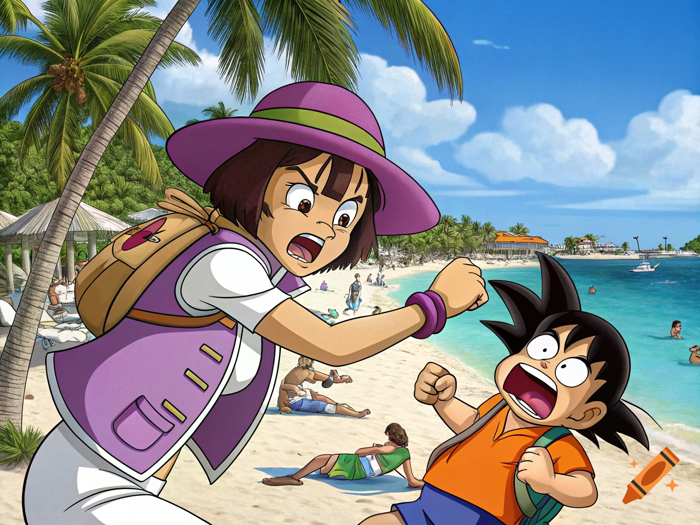 An angry Dora the Explorer raises her fist at a screaming young Goku on ...