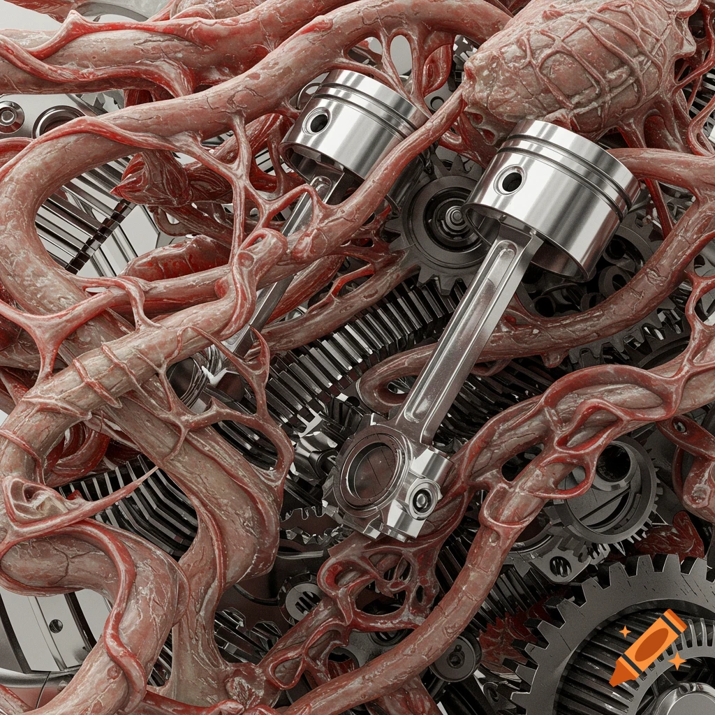 Close-up 3D render of tangled red organic veins and roots intertwined ...