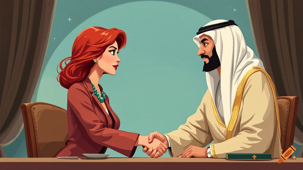 An illustrated red-haired woman and an Arab man in traditional attire ...