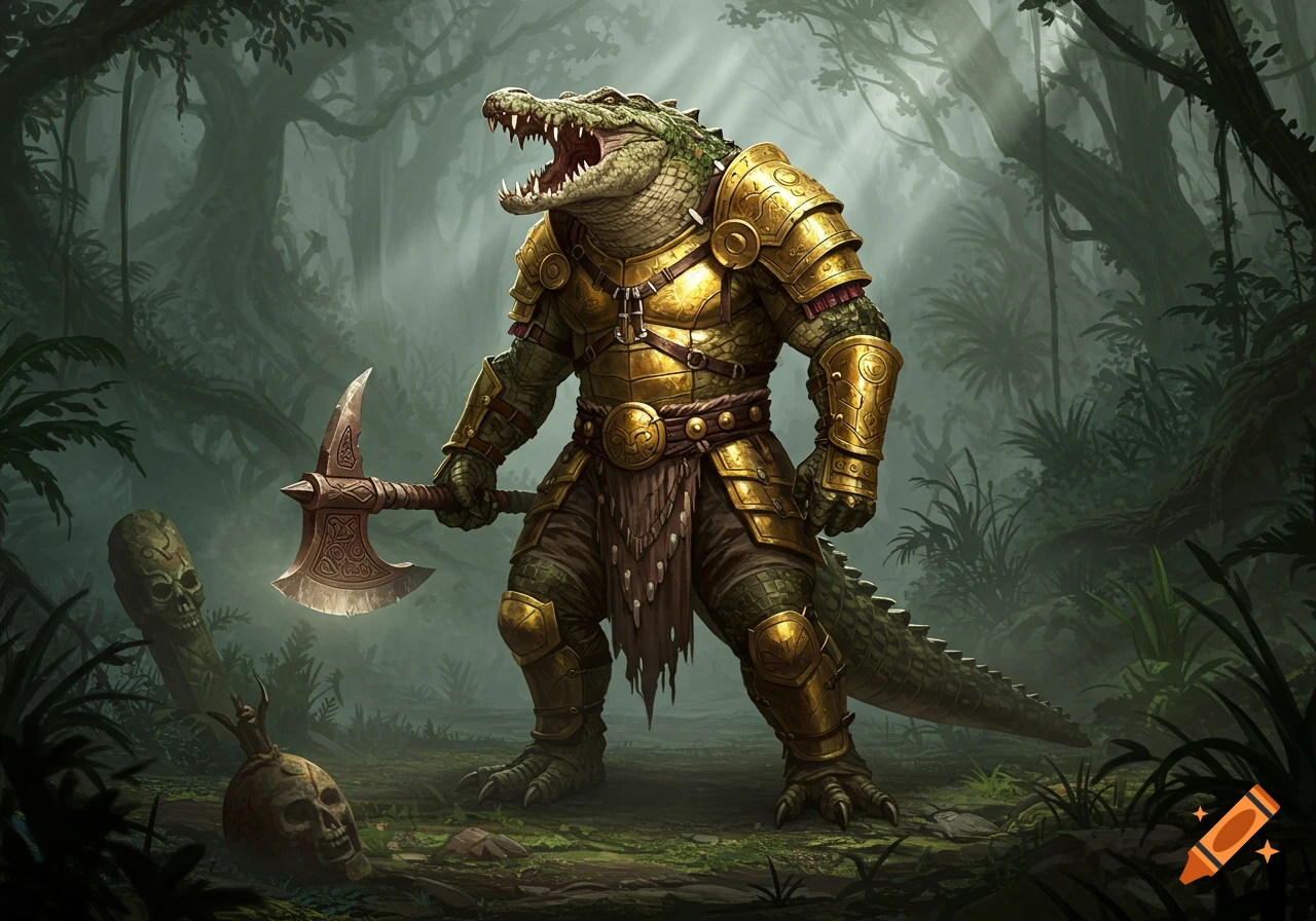 A fearsome anthropomorphic crocodile warrior in golden armor stands ...