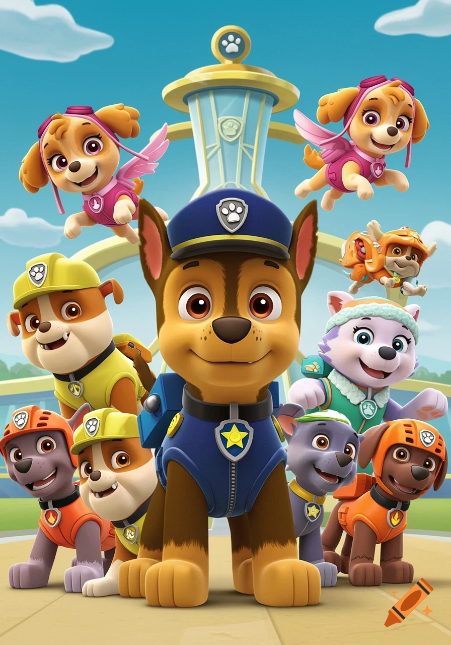 Chase from Paw Patrol stands front and center with all his pup friends ...
