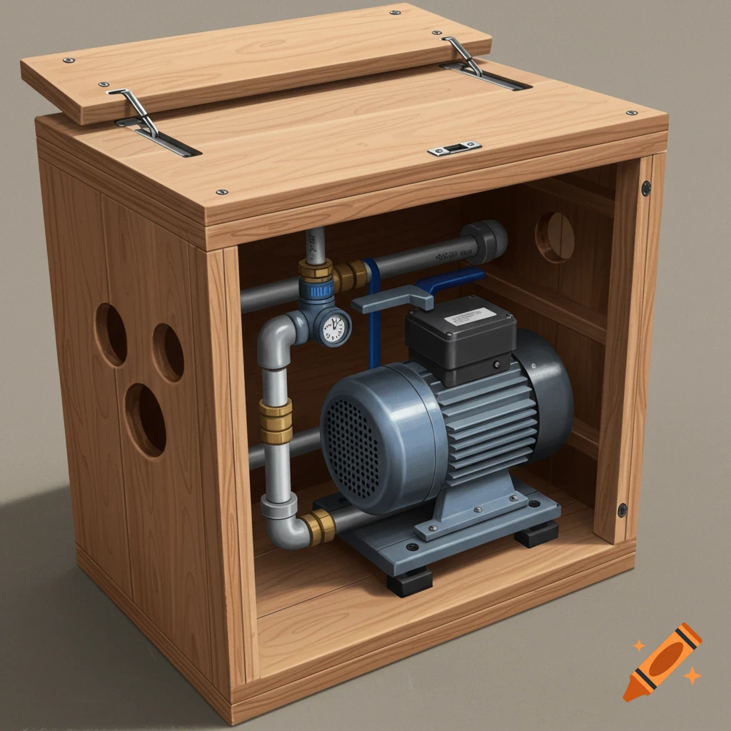 A light brown wooden box with an open top lid reveals a small grey ...