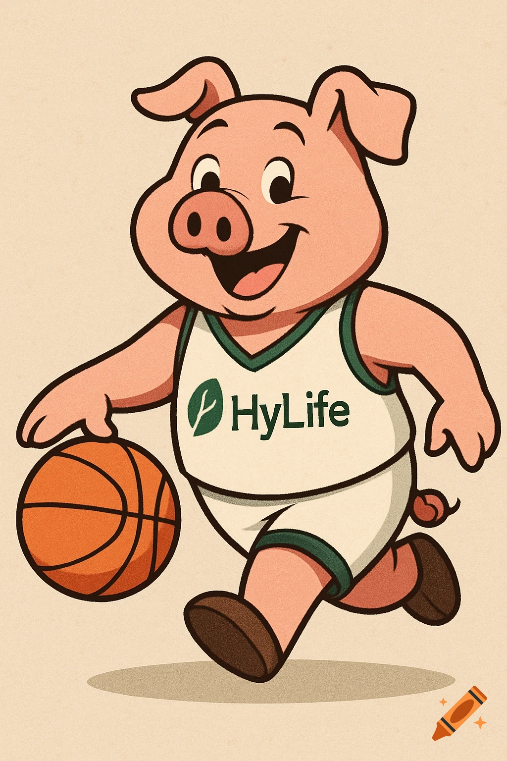 Cartoon pig in a basketball jersey with 'HyLife' logo dribbling a ...