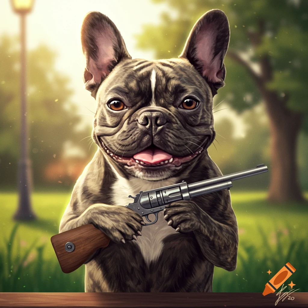 A smiling French bulldog holding a long-barreled revolver in a park ...