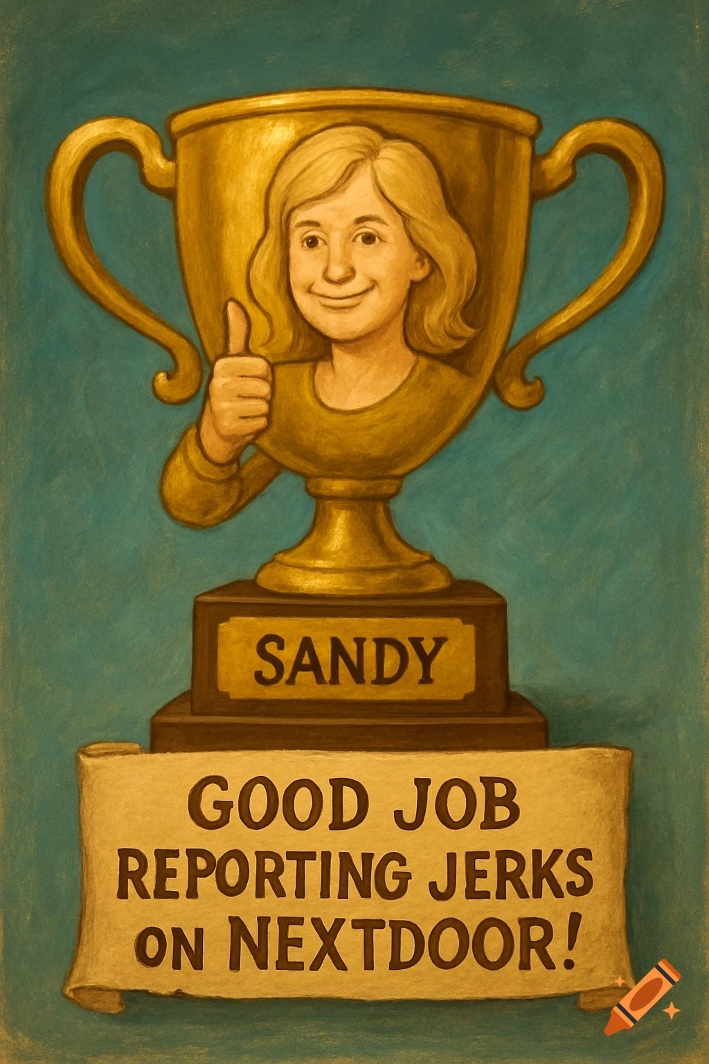 An illustrated golden trophy featuring a smiling woman's bust giving a ...