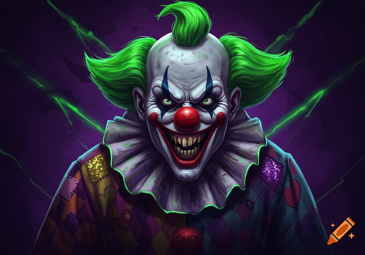 A close-up, digital illustration of a scary clown with white face paint ...