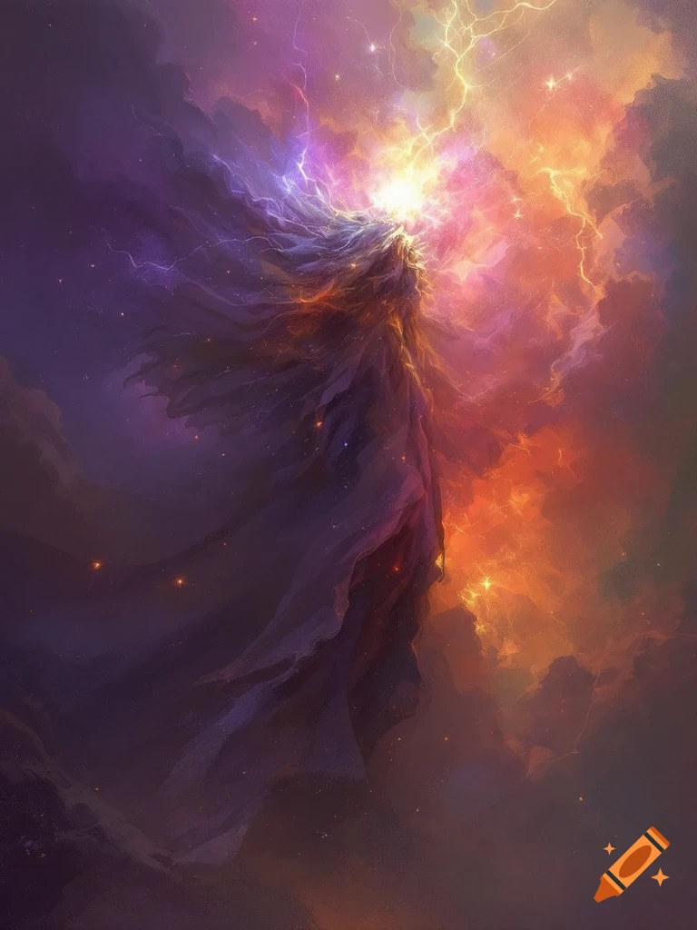 A cosmic entity composed of swirling purple, pink, orange, and yellow energy, with bright ...