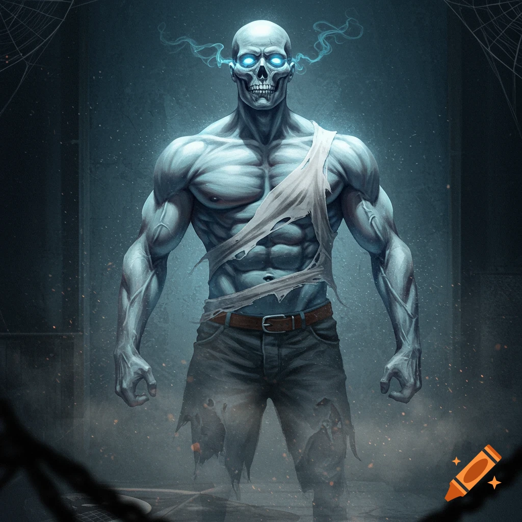 A muscular ghost man with glowing blue eyes and tattered clothes stands ...