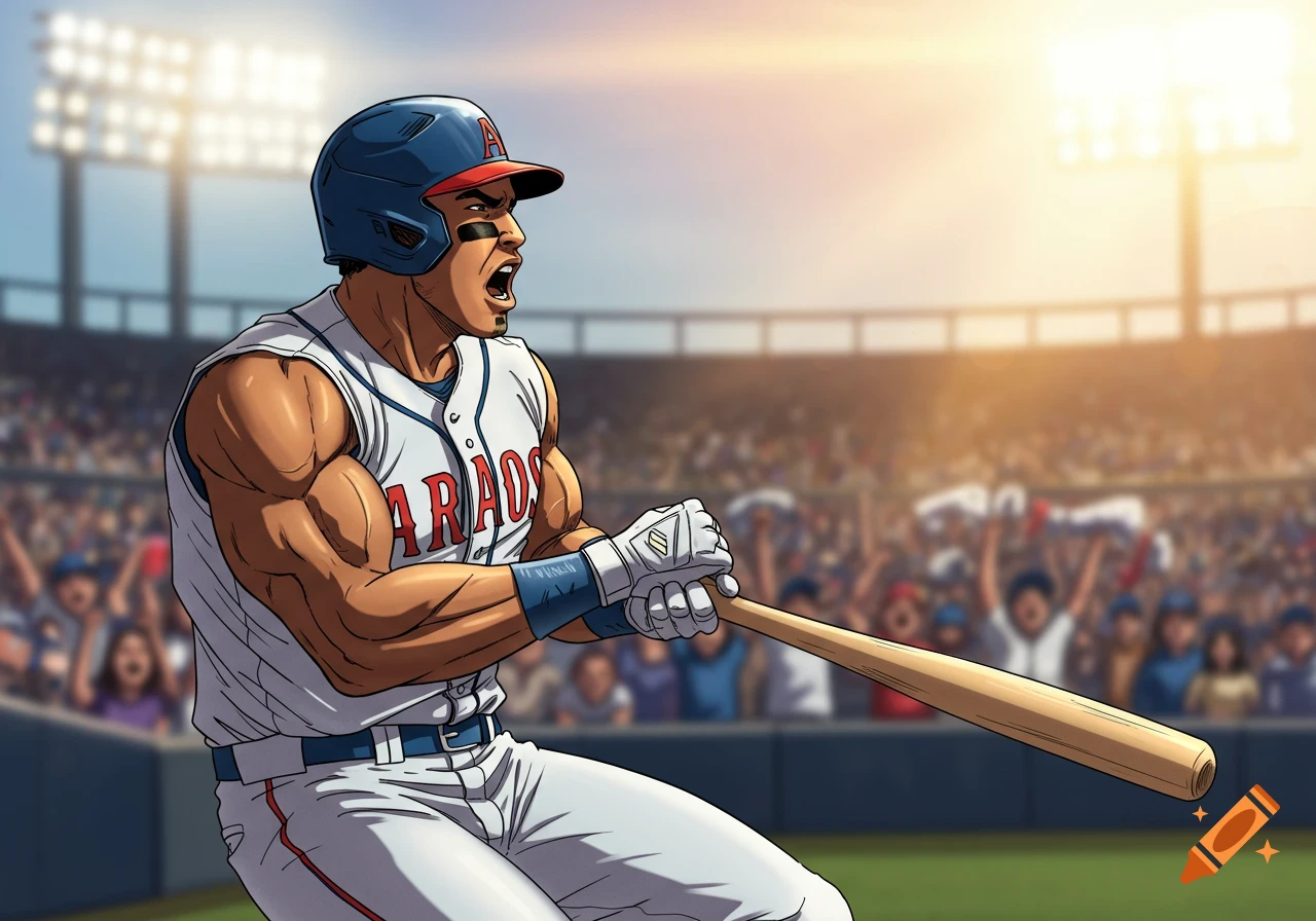 Muscular baseball player in a white uniform yelling and holding a bat ...