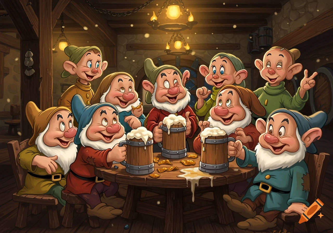 Cartoon dwarfs cheersing with tankards of frothy beer in a lively ...