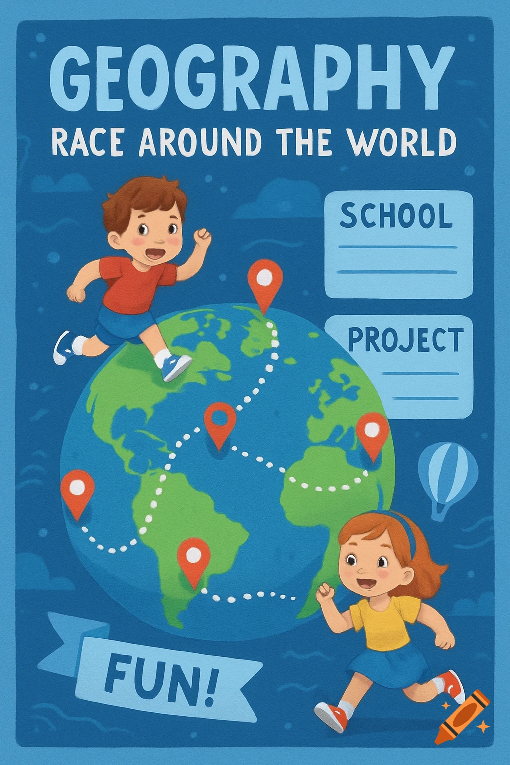 A blue-themed cartoon illustration featuring two children running ...