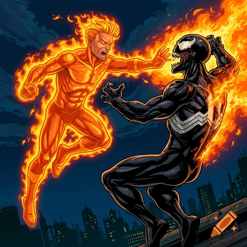Human Torch battles Venom in a burning cityscape at night, depicted in ...
