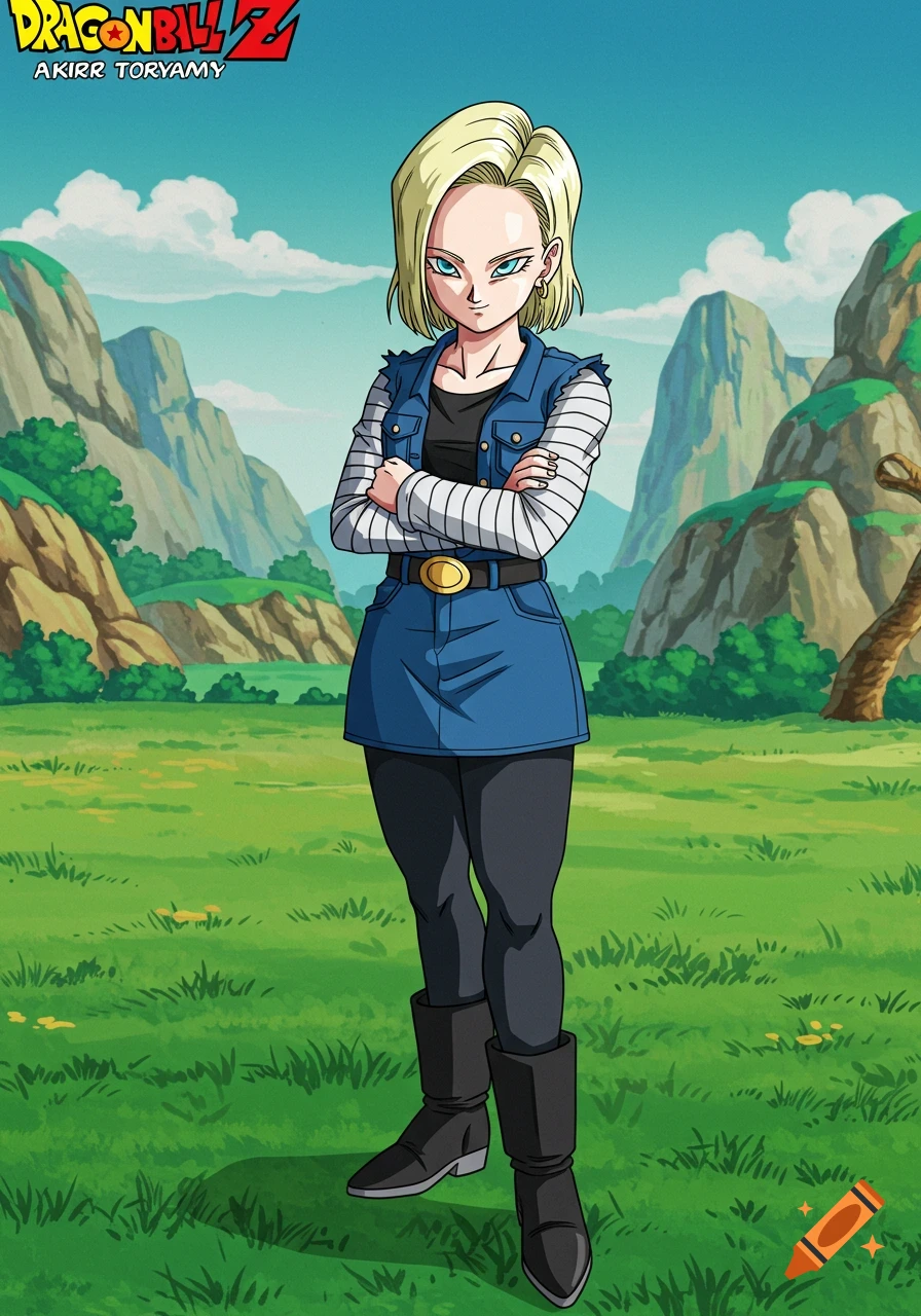Android 18 from Dragon Ball Z stands with arms crossed in a grassy ...