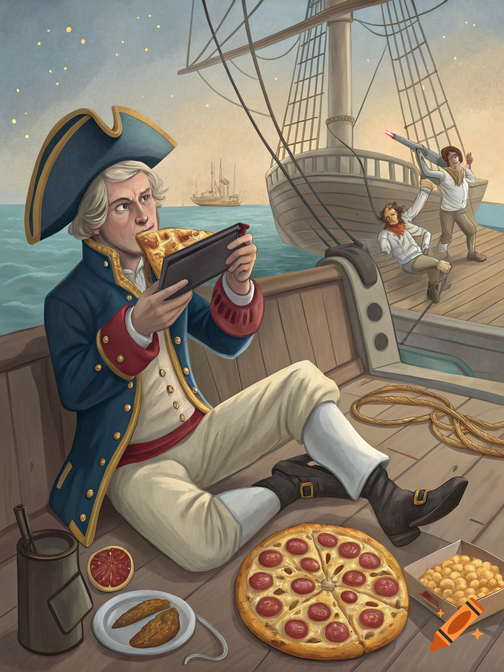 Illustration of Captain Cook on a ship deck, eating pizza while looking ...