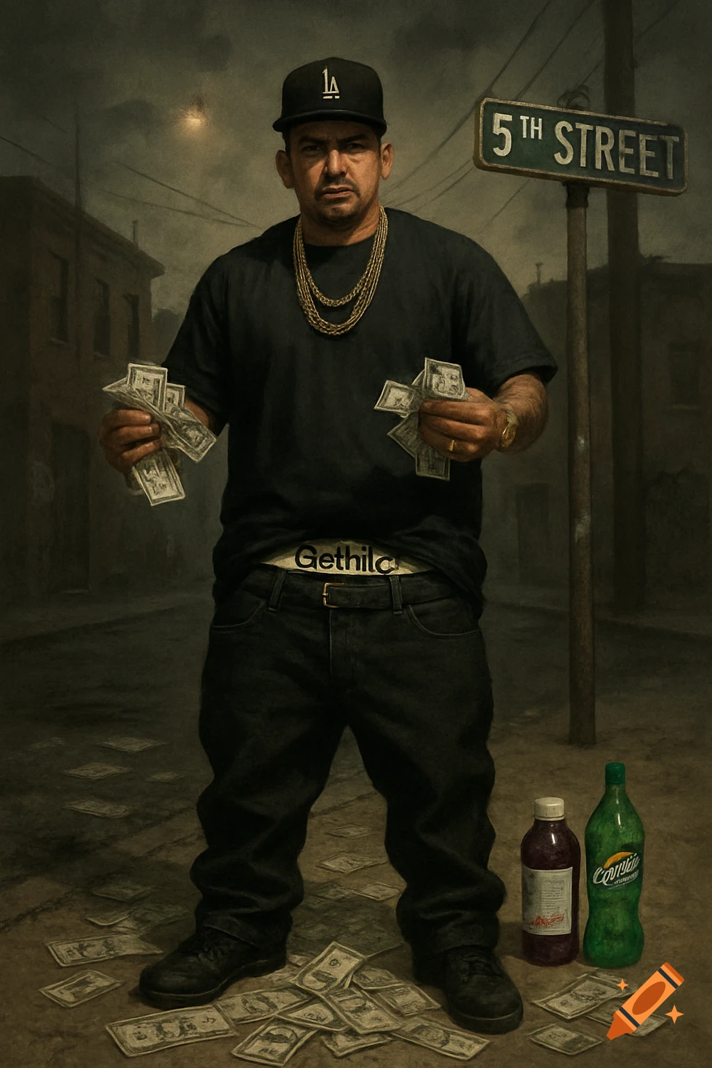 A man in a black outfit, gold chains, and a cap stands on a street with ...