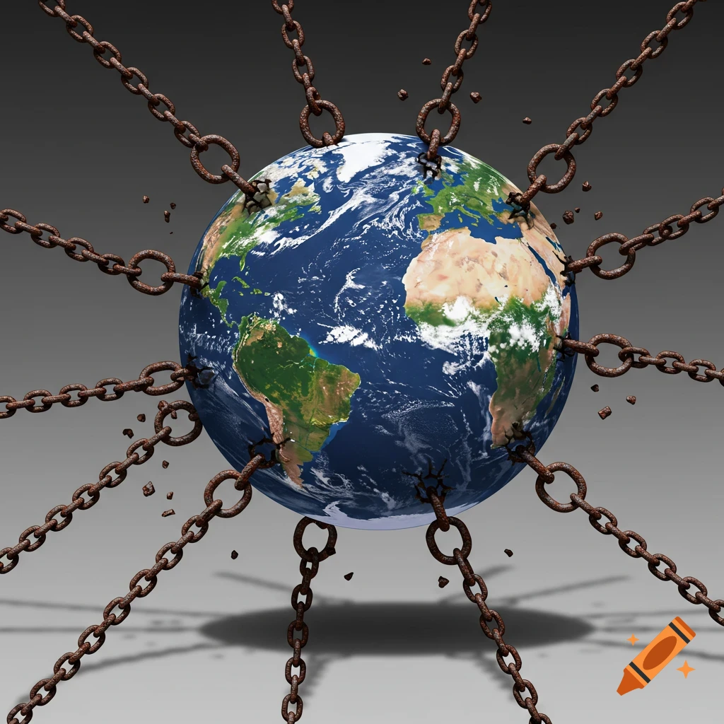 A conceptual 3D render of planet Earth breaking free from rusted chains ...