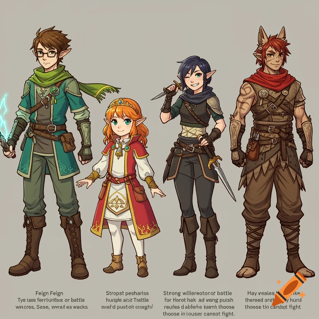 Four diverse fantasy characters stand side-by-side: an elf wizard, a ...