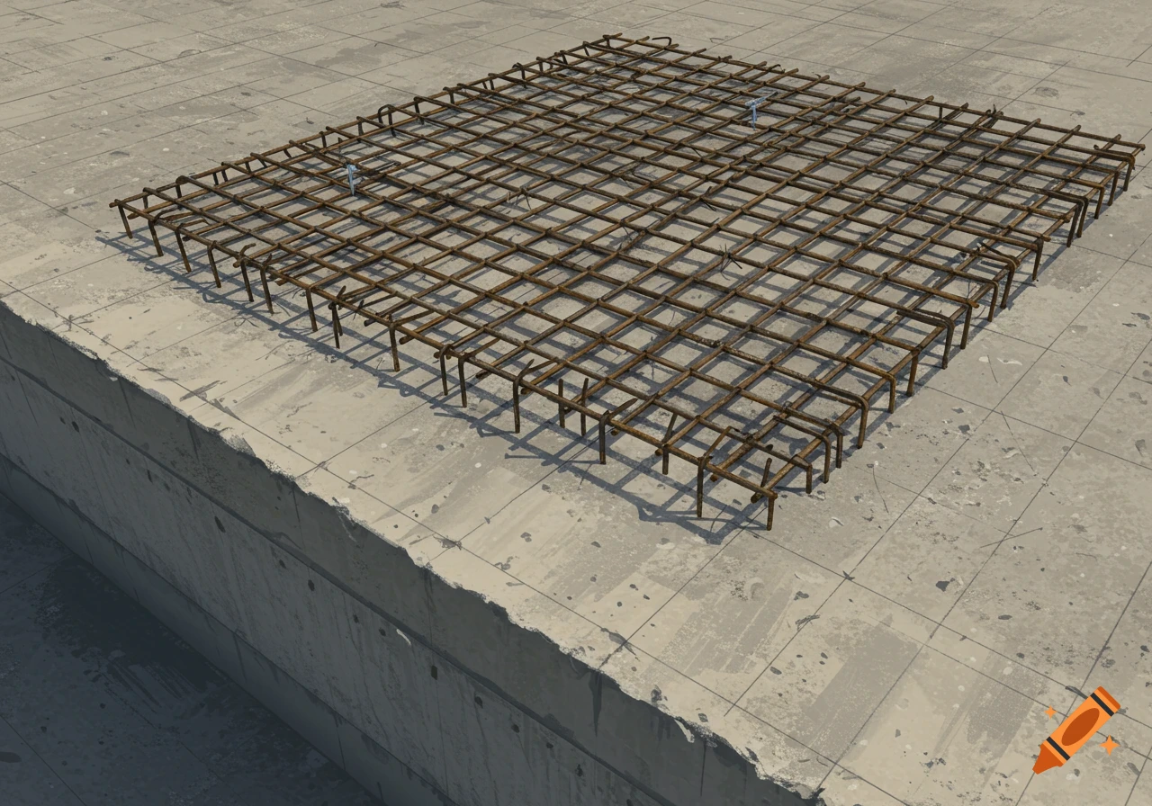 A photorealistic image of a concrete slab with grid lines and a rebar ...