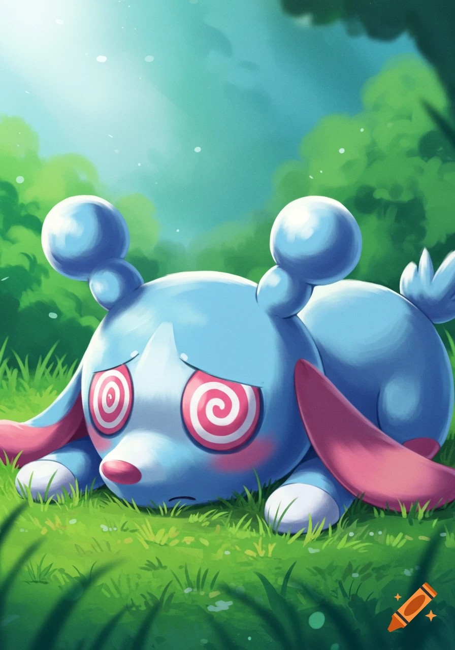 A fainted Brionne Pokemon lies on a grassy ground with cartoonish ...