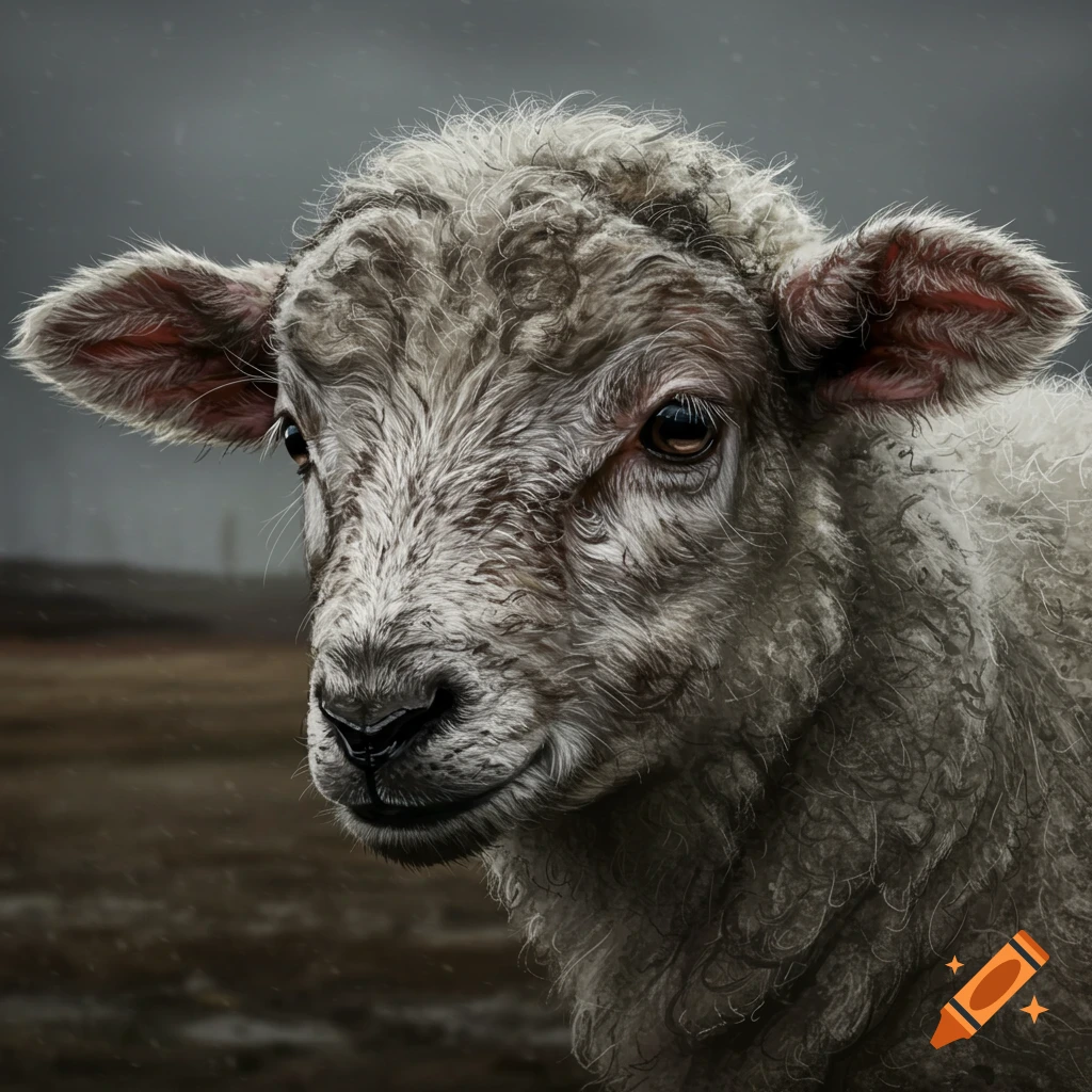 Close-up photorealistic portrait of a sad, dirty lamb with wet fur ...