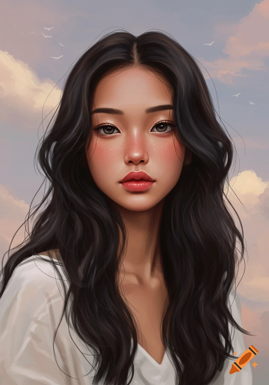 Digital painting of a young woman with long dark wavy hair, sharp ...