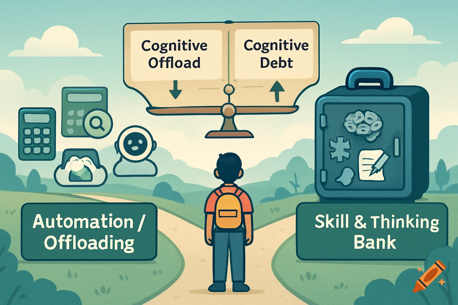 An illustration of a student at a crossroads with paths labeled 'Automation / Offloading' and ...