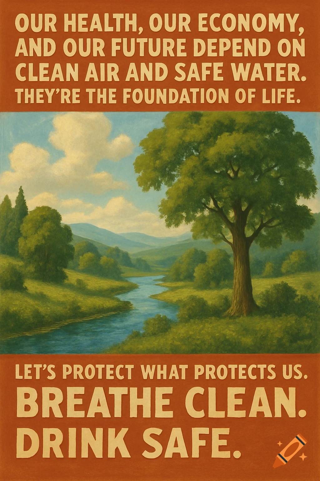 A vintage-style poster depicting a lush green landscape with a winding ...