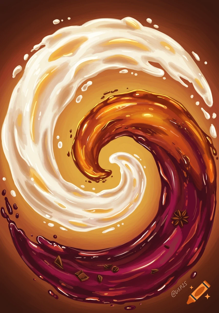 Stylized illustration of white, amber, and deep red liquids swirling ...
