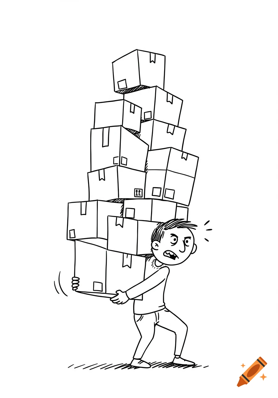 A black and white cartoon doodle of a man struggling to carry a very ...