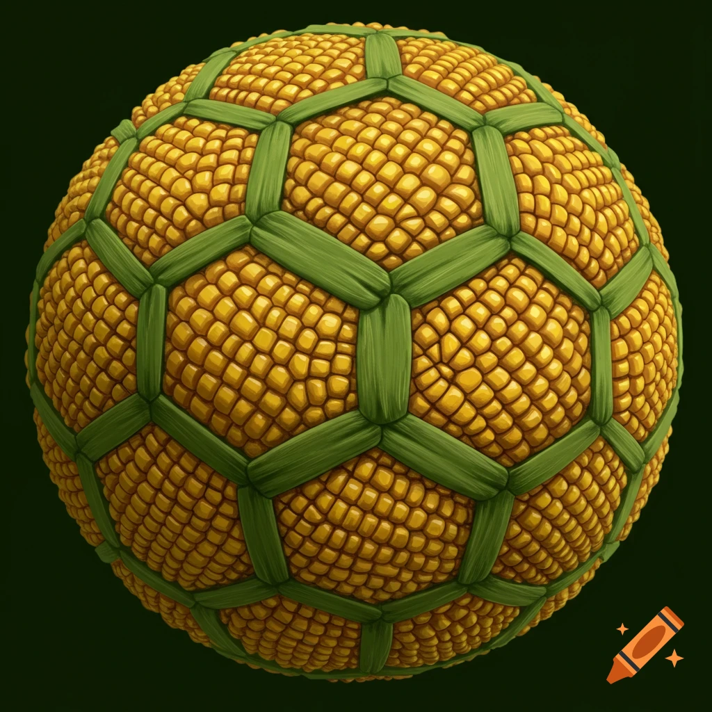 A soccer ball textured with yellow corn kernels and green straps ...